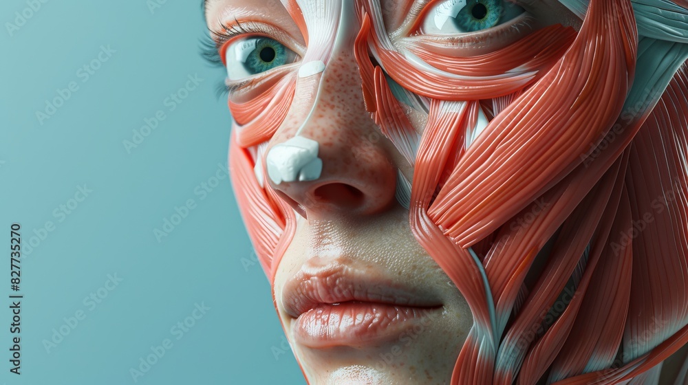 Anatomical close up of a female face showing muscle anatomy, isolated ...