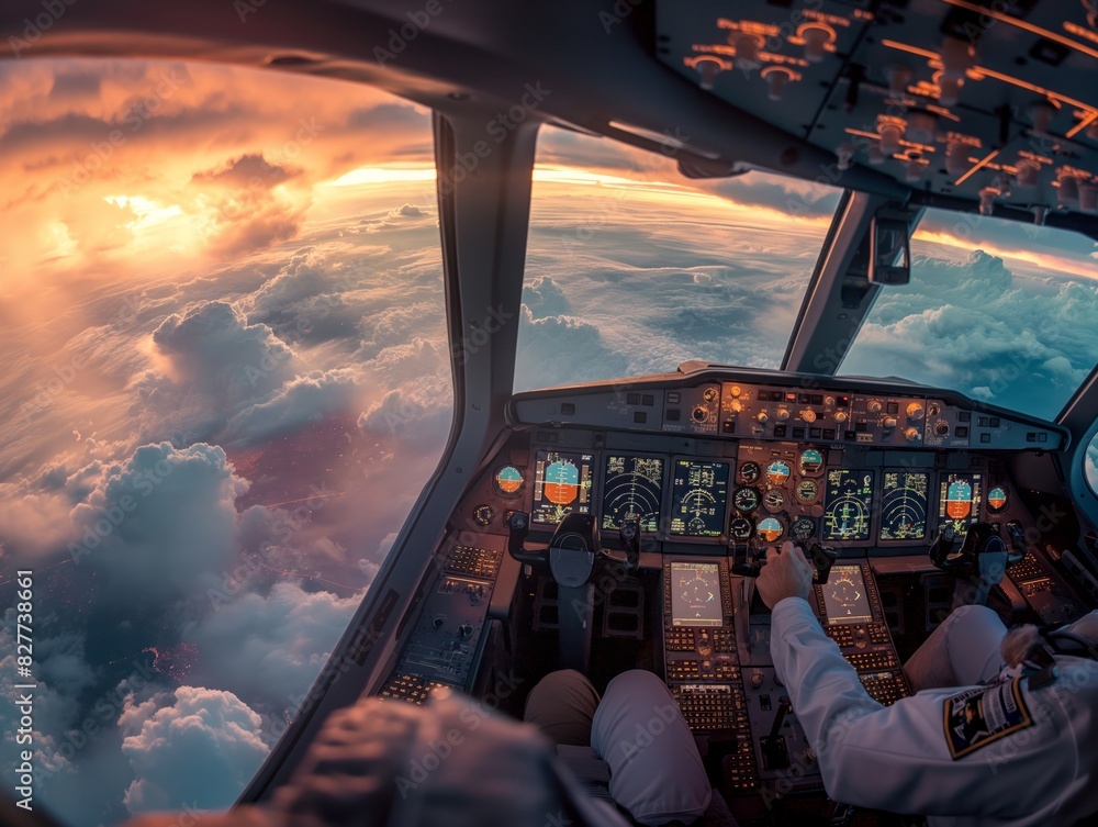 A pilot is flying a plane with a beautiful sunset in the background ...