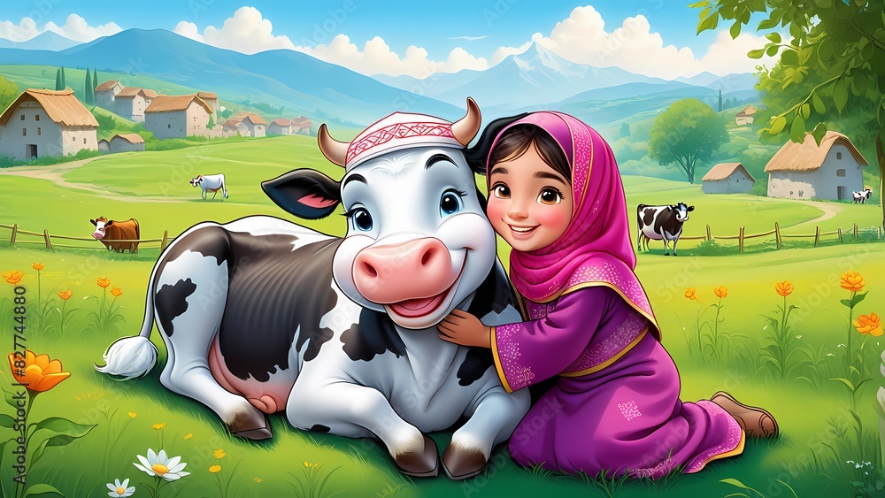 Cartoon cow with Muslim kid Eid illustration, Eid Celebration Stock ...