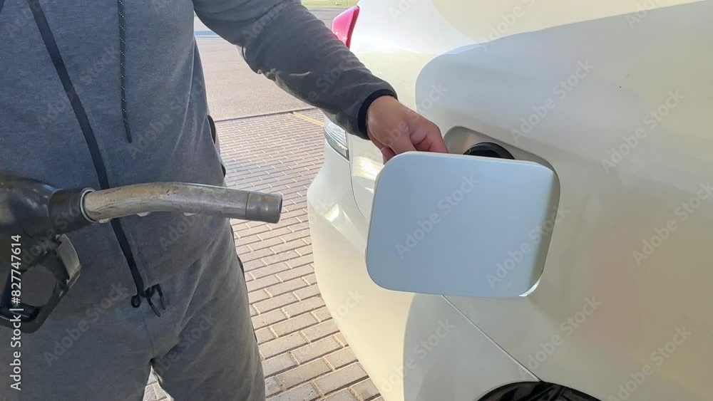 Refueling the car at a gas station fuel pump. Man driver hand refilling ...