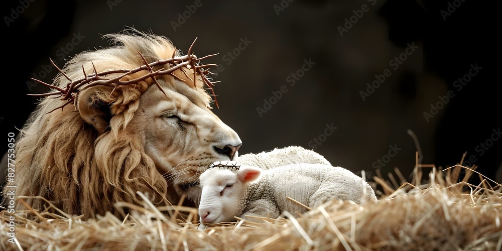 Biblical symbolism lion and lamb Jesus crowned with thorns on black ...