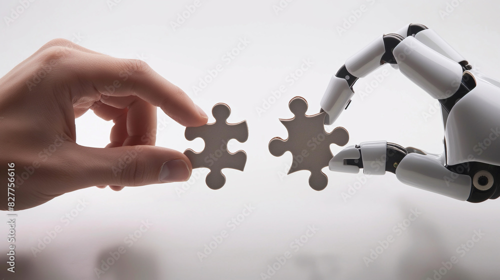 human and a robot hand bring two matching puzzle pieces together as a ...