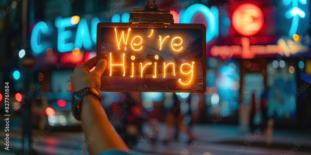 Hand holding a 'We're Hiring' sign against a vibrant city nightlife ...