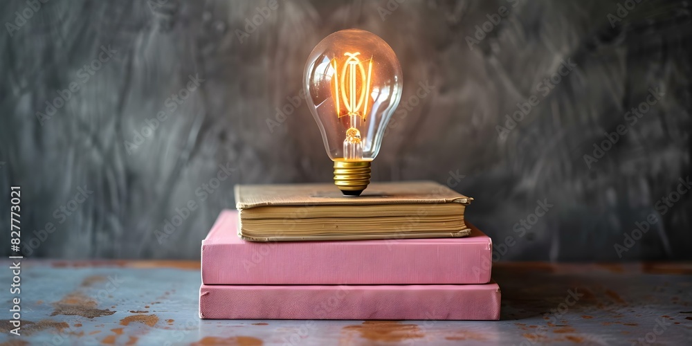 Sleek design with pink book stack and illuminated light bulb mockup ...