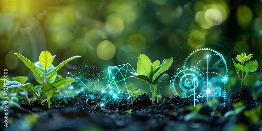 Renewable energy symbols and gears with a businessperson representing ...