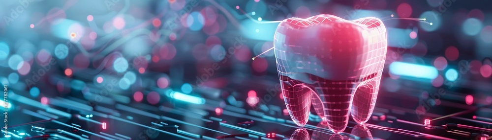 Illustration of a hightech tooth with a holographic crown, glowing ...