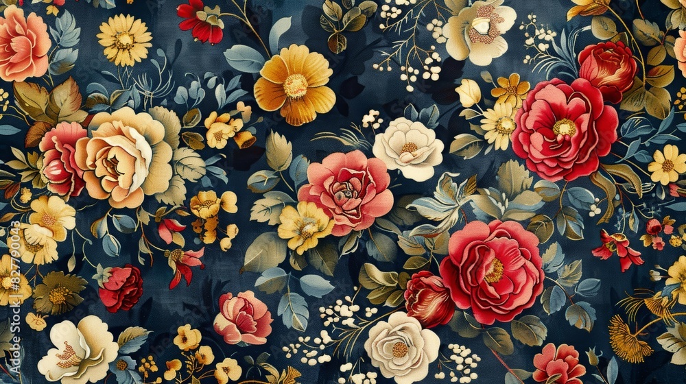 Design a chintz pattern with floral motifs and bright colors, evoking ...