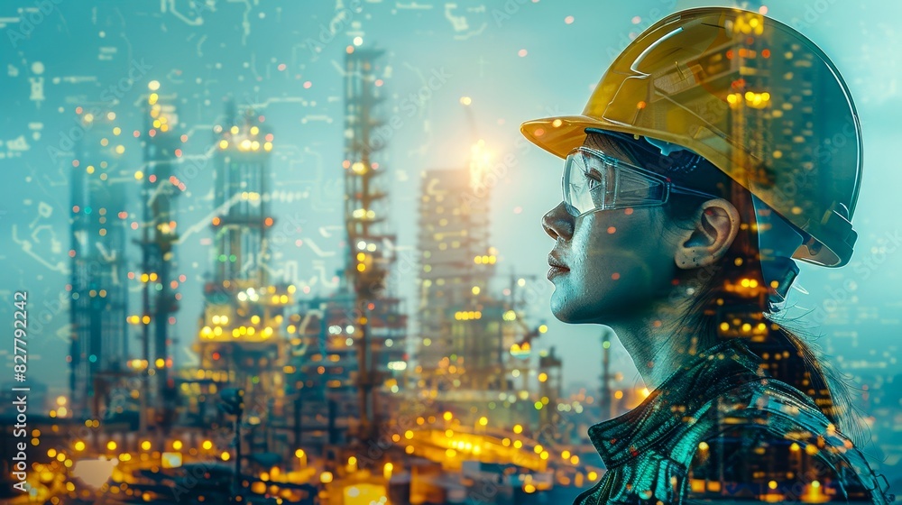 Female engineer with helmet in futuristic industrial setting ...