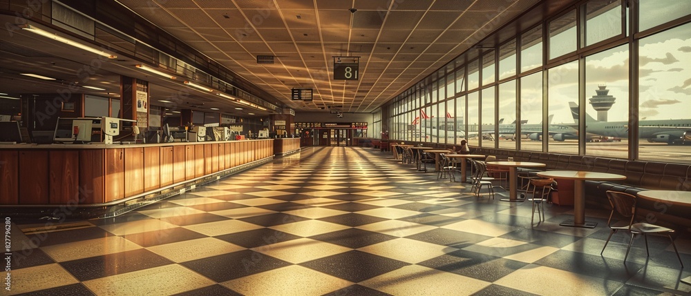 Vintage style image of an airport terminal with checkin counters, sepia ...