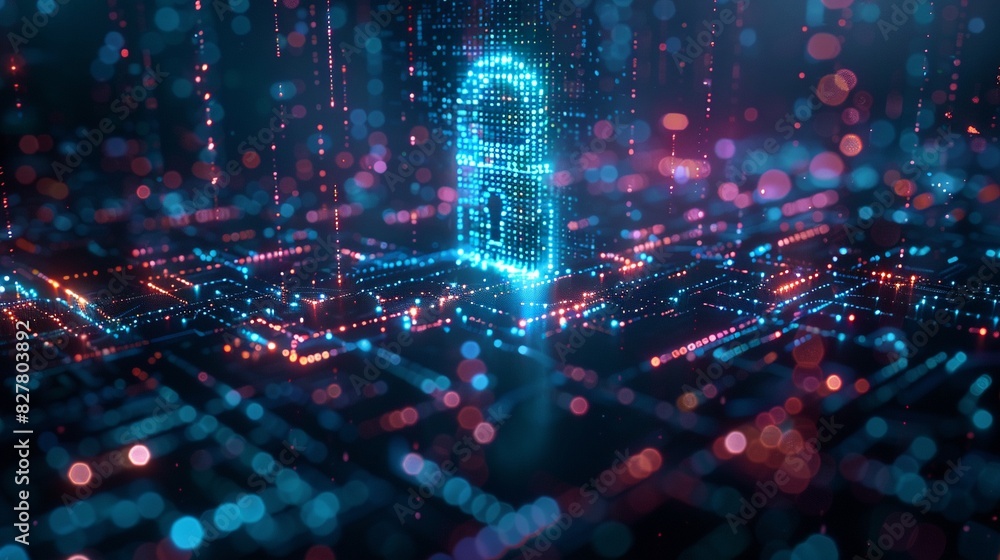 Cybersecurity concept with a lock and flowing data streams, abstract digital patterns, blue and ...