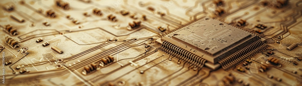 Vintage style depiction of an early microchip, sepia tones, and ...