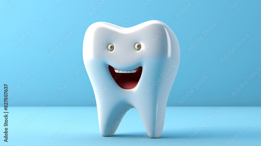 3D Smiling tooth Funny Concept dental mascot character on blue ...
