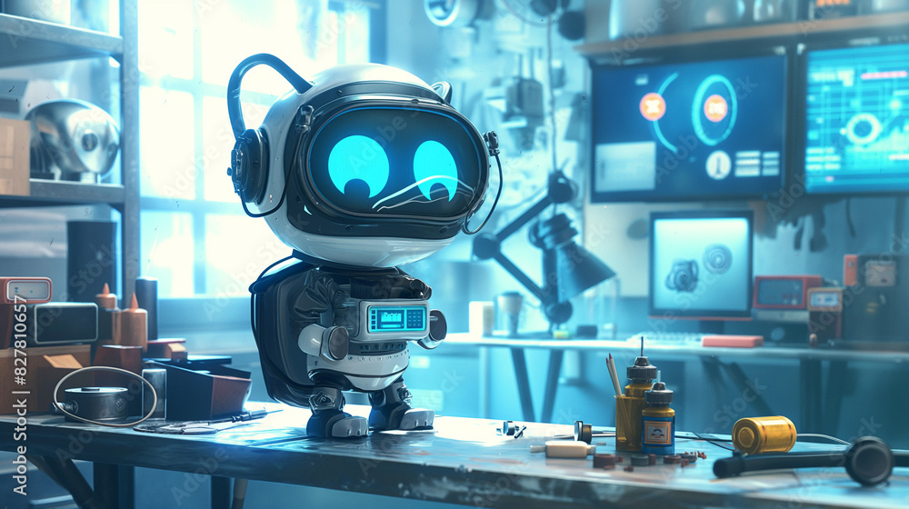 round cartoon robot with a face screen displaying expressive emojis ...