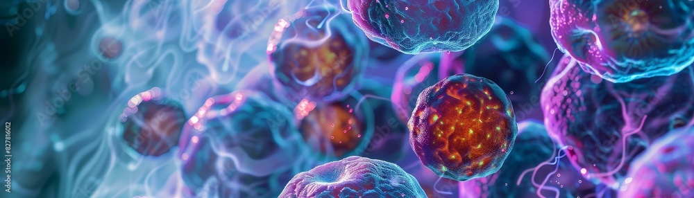 Fluorescent-stained cancer cells multiplying in a chaotic cluster ...