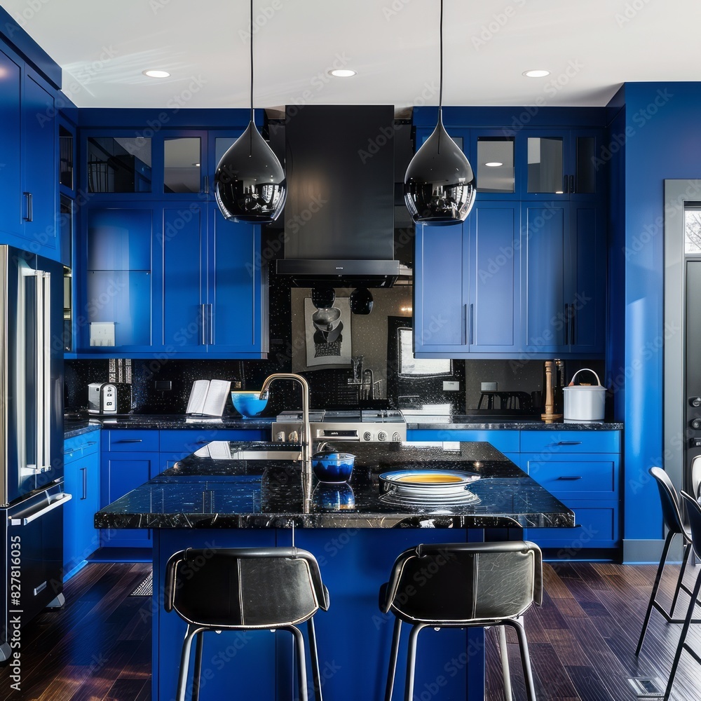 Blue kitchen interior with royal blue cabinets, black granite ...