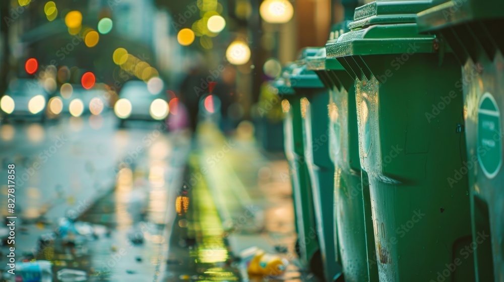 A photo of a busy street with green trash cans lining the sidewalk each ...