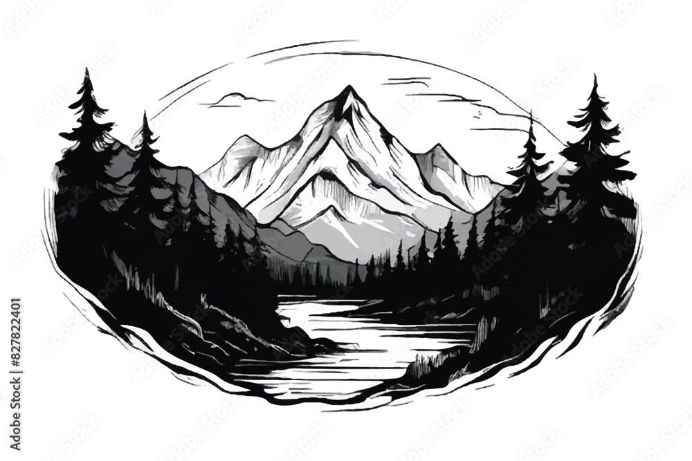 Mountain Landscape. Forest and mountain vector black line illustration ...
