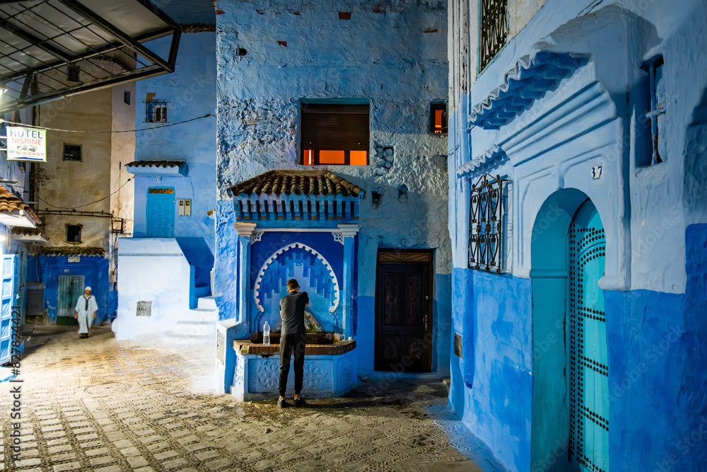 Night in Medina alleys and stairs of Chefchaouen, the famous Blue Pearl ...