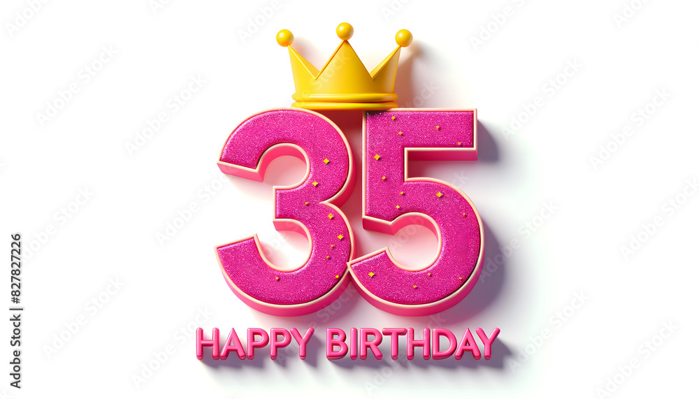 Glittery Pink 35th Birthday Graphic with Golden Crown and 3D 'Happy ...