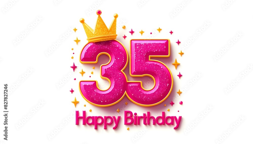 Glittery Pink 35th Birthday Graphic with Golden Crown and 3D 'Happy ...