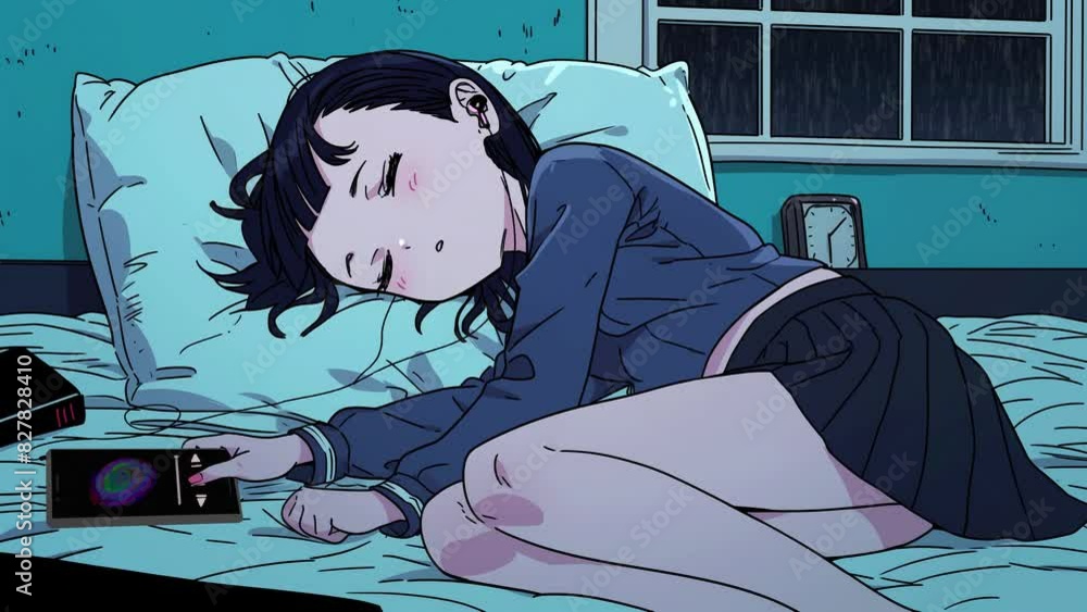 cute anime girl sleeping on the bed, lofi anime cell shading animation ...