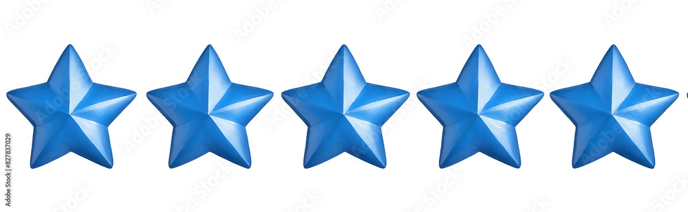 Five shiny, three-dimensional blue stars in a row, perfect for rating ...