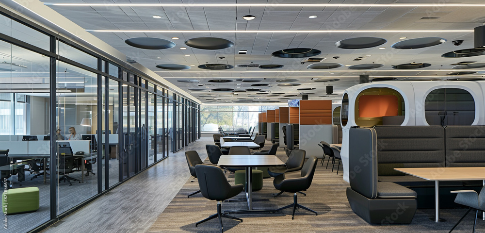 A modern corporate workspace with designated quiet zones, soundproof ...