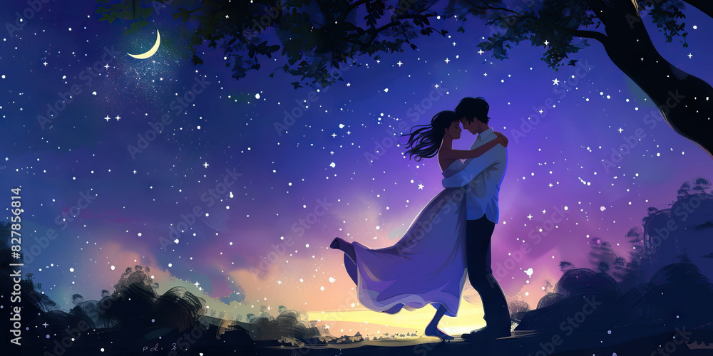 A romantic couple sways together beneath the twinkling stars, their ...