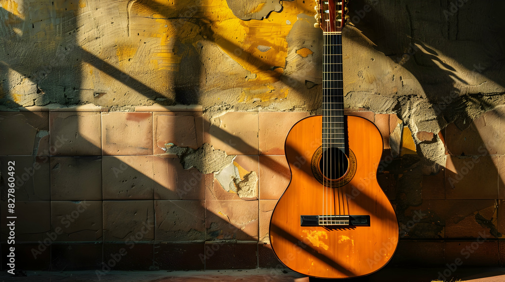 High-contrast image of a guitar leaning against a wall, with light and ...