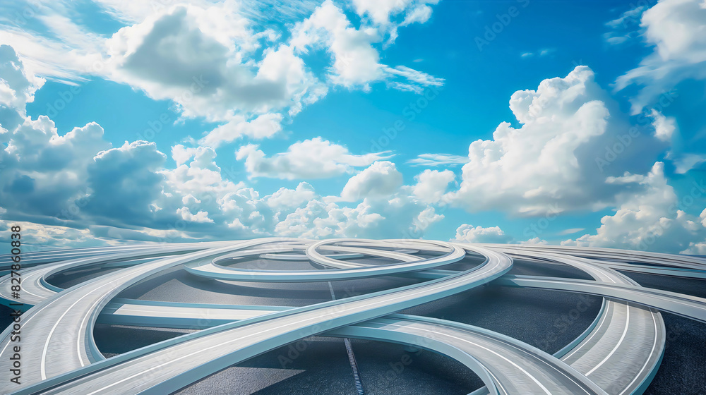 Many different roads or ways in the blue sky with clouds, business ...