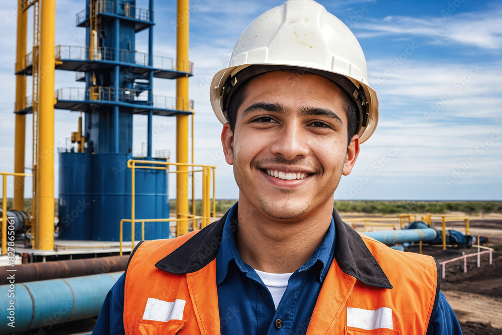 Crude oil engineer in an industrial setting, male, ensuring safety and ...