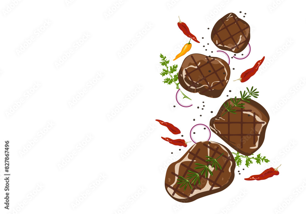 Food illustration of beef steak and fresh vegetables scattered in the ...