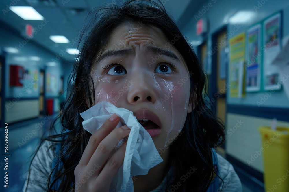 close-up photo of a female Asian student crying using a tissue in a ...