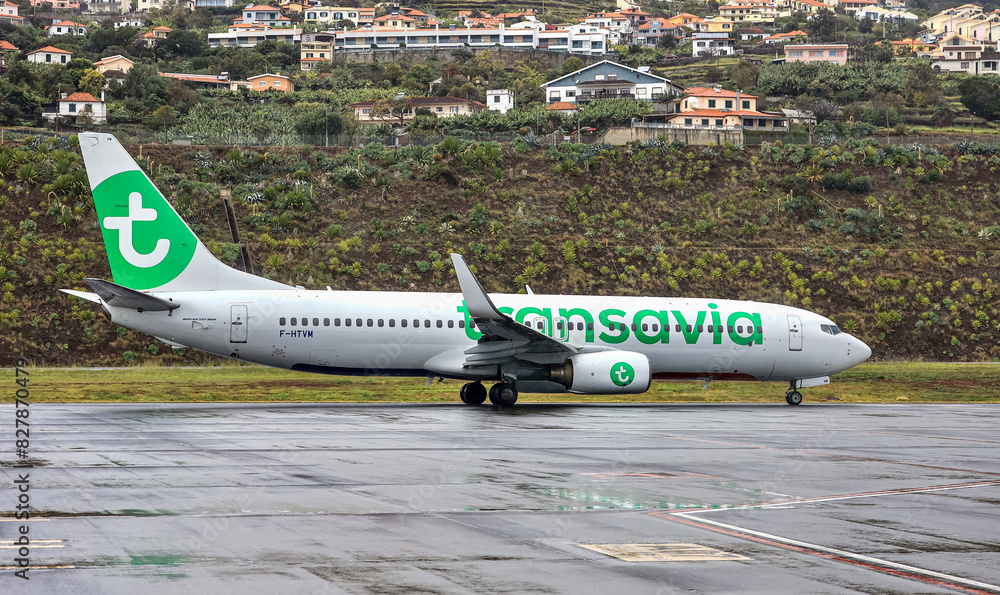 Airplane of Transavia Airlines taxiing at Funchal AIRPORT, Madeira ...