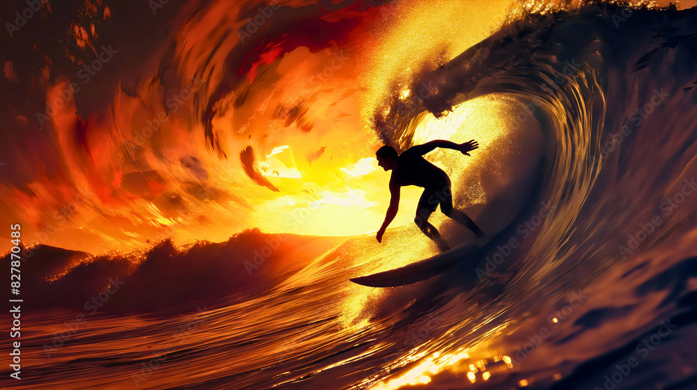 Shadow silhouette of a surfer man riding a surfboard on tall sea or ...