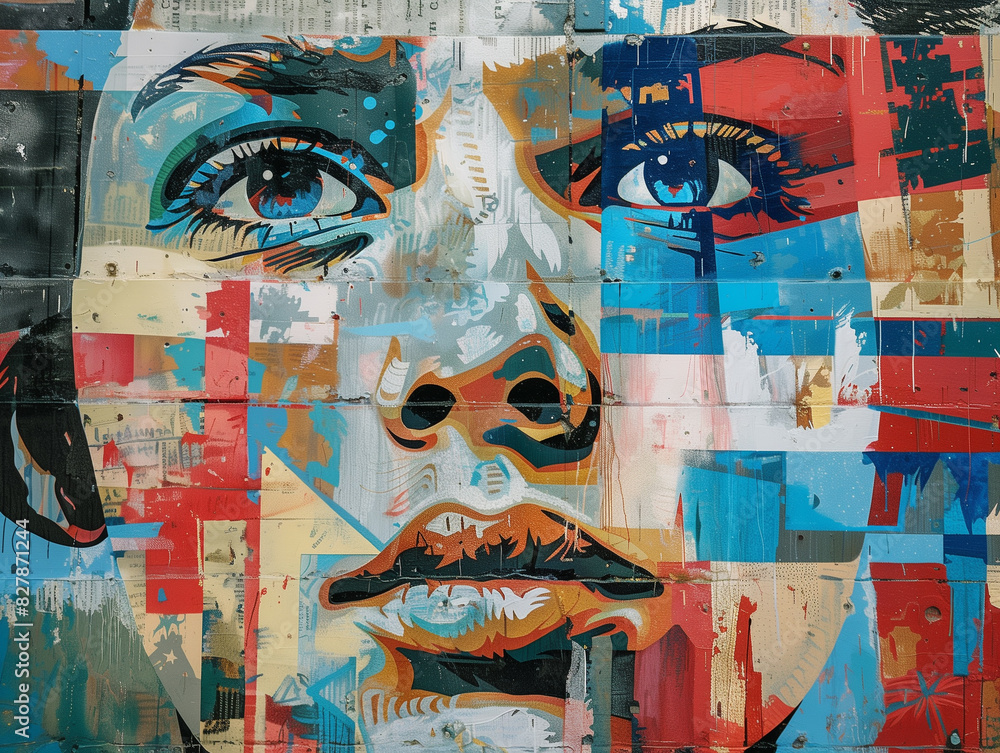 The colorful mural, portrait of an woman, with its textured and mosaic ...