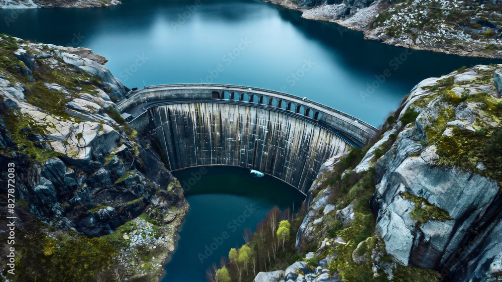 Aerial drone view of hydroelectric river dam, hydro electricity power ...