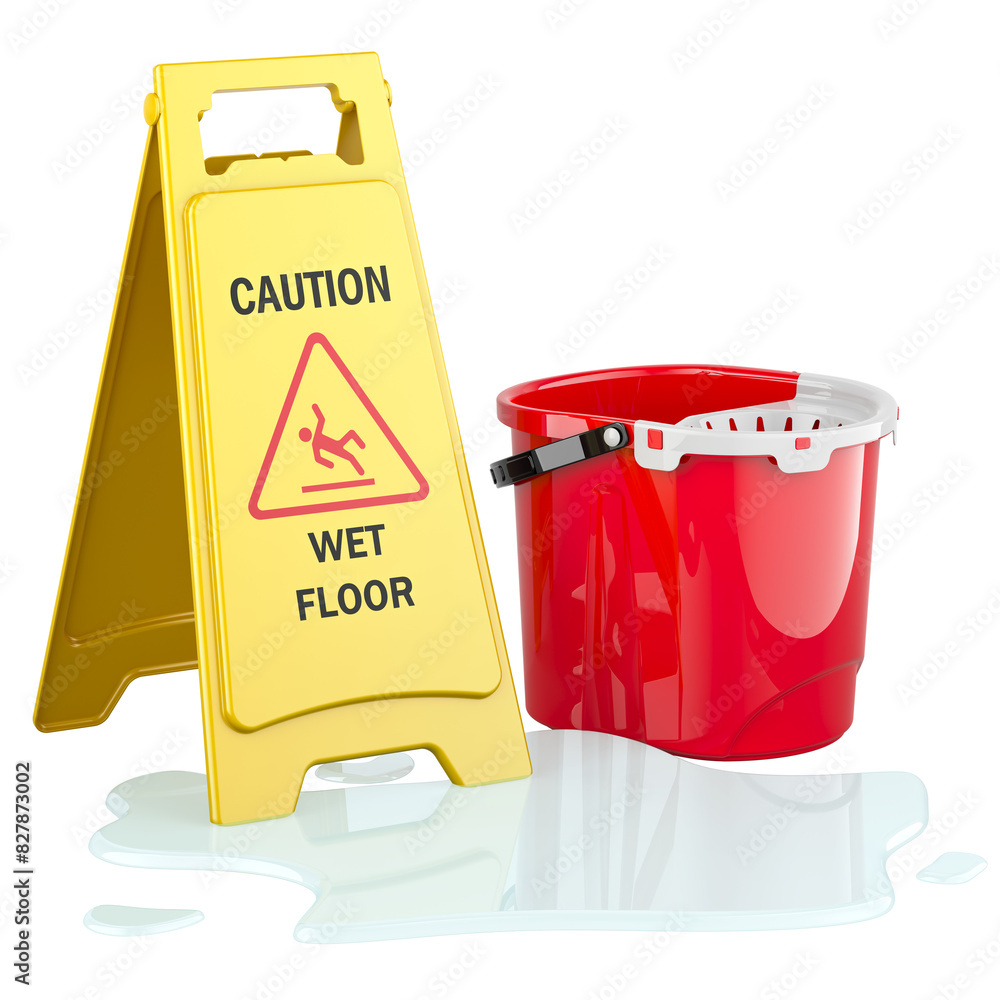 Puddle with plastic bucket and Caution Wet Floor Sign, 3D rendering ...