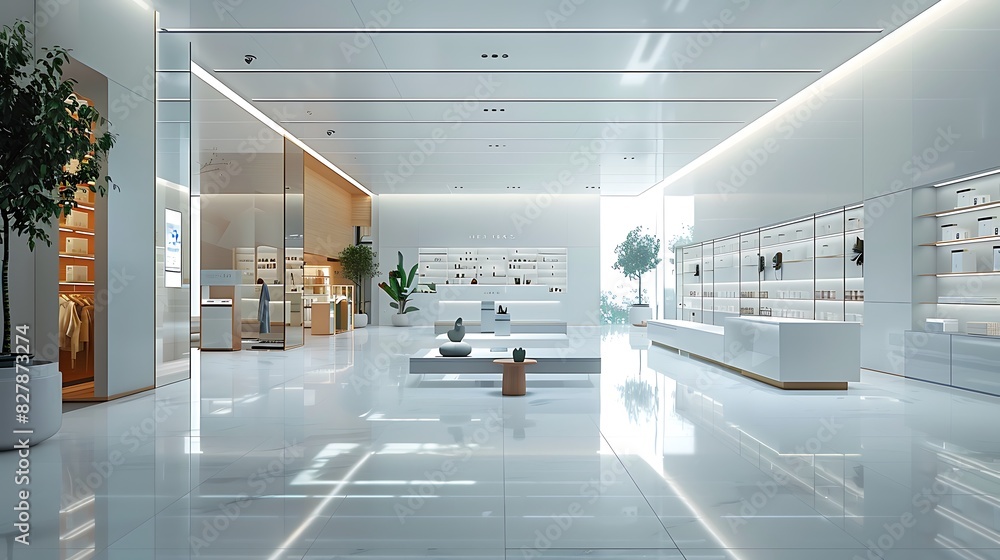 Retail store designed with a minimalist aesthetic and clean lines ...
