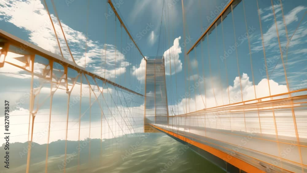 Computer-generated video of a modern suspension bridge soaring high ...