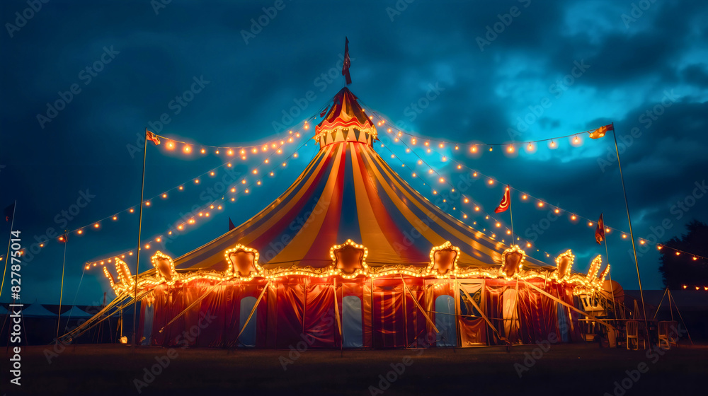Exterior view of circus tent entrance, carnival festival entertainment ...