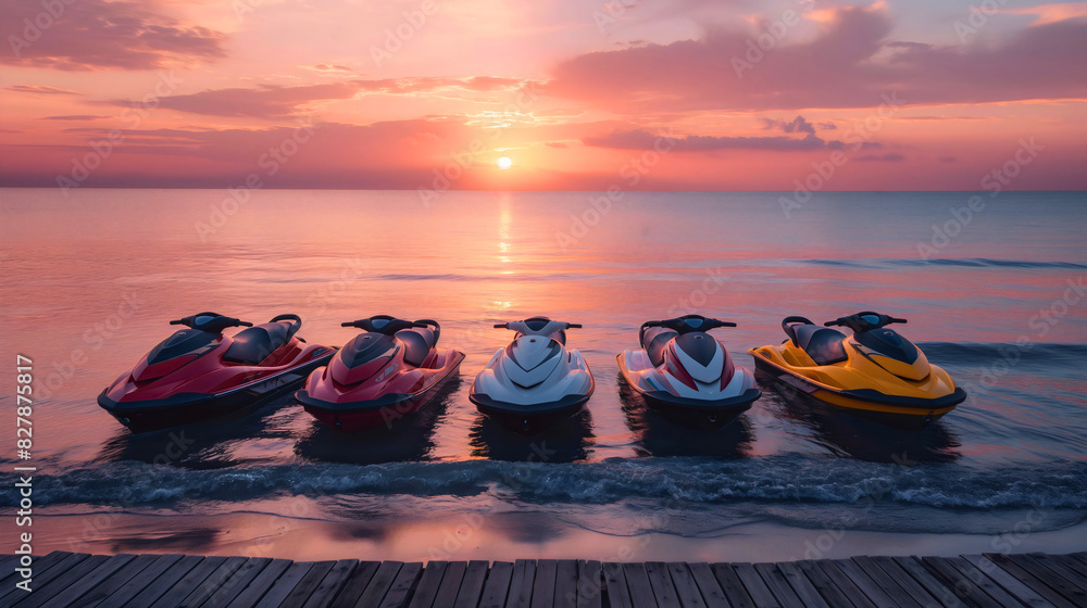 Five jet ski boats on wooden deck in front of sea or ocean water waves ...