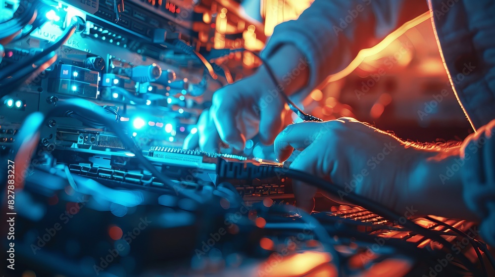 Macro shot with augmented reality: IT administrator plugging an ...