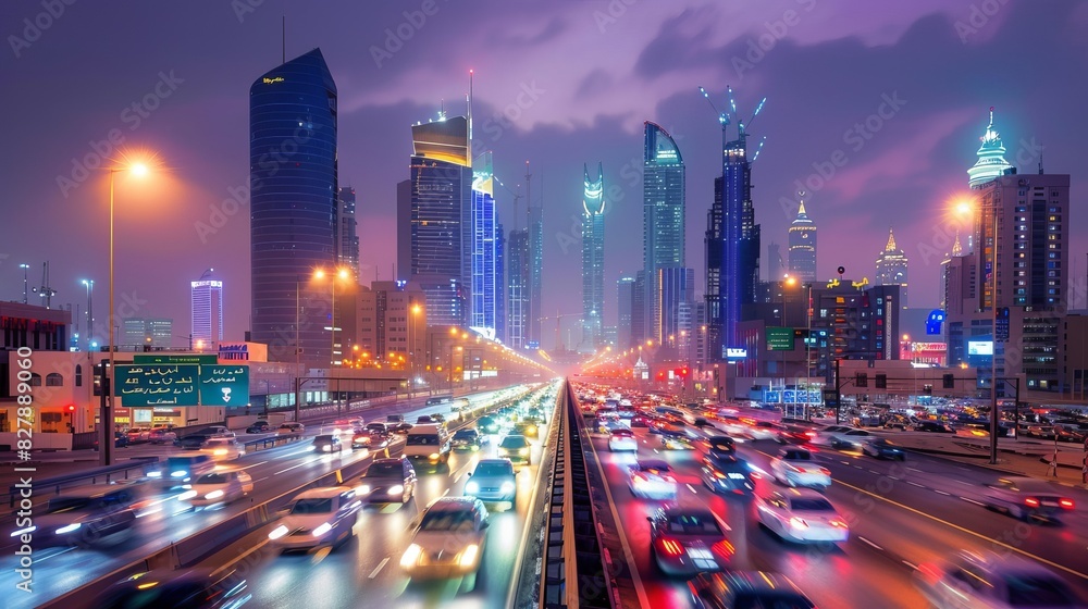 ภาพประกอบสต็อก Riyadh skyline at night with cars in a traffic jam ...