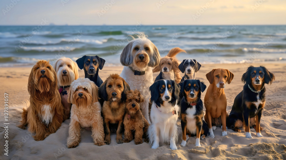 Various different dog breeds on ocean or sea sand beach. Domestic pet ...