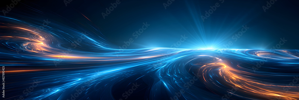 The blue neon wave line background exudes a dark, moody ambiance, with ...