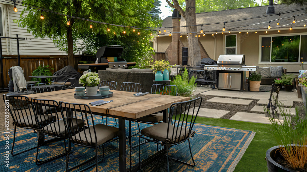 Outdoor backyard garden with chairs surrounding the dining table and ...