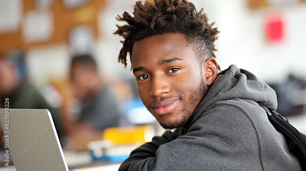 Happy African American high school student attending classroom ...