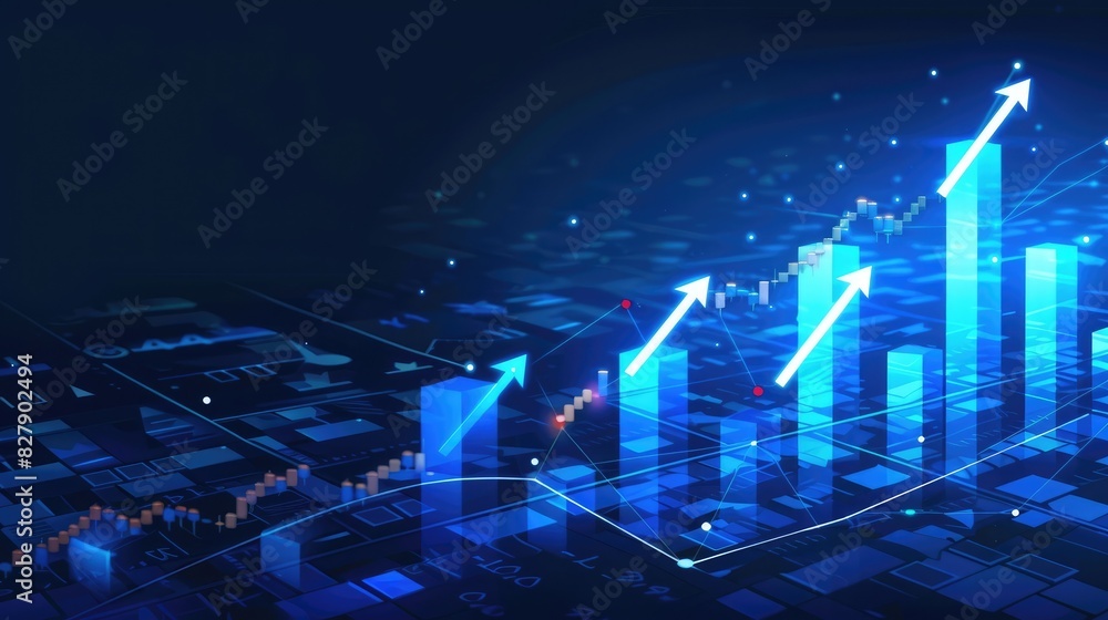 Blue stock market graph with upward arrows on dark blue background ...