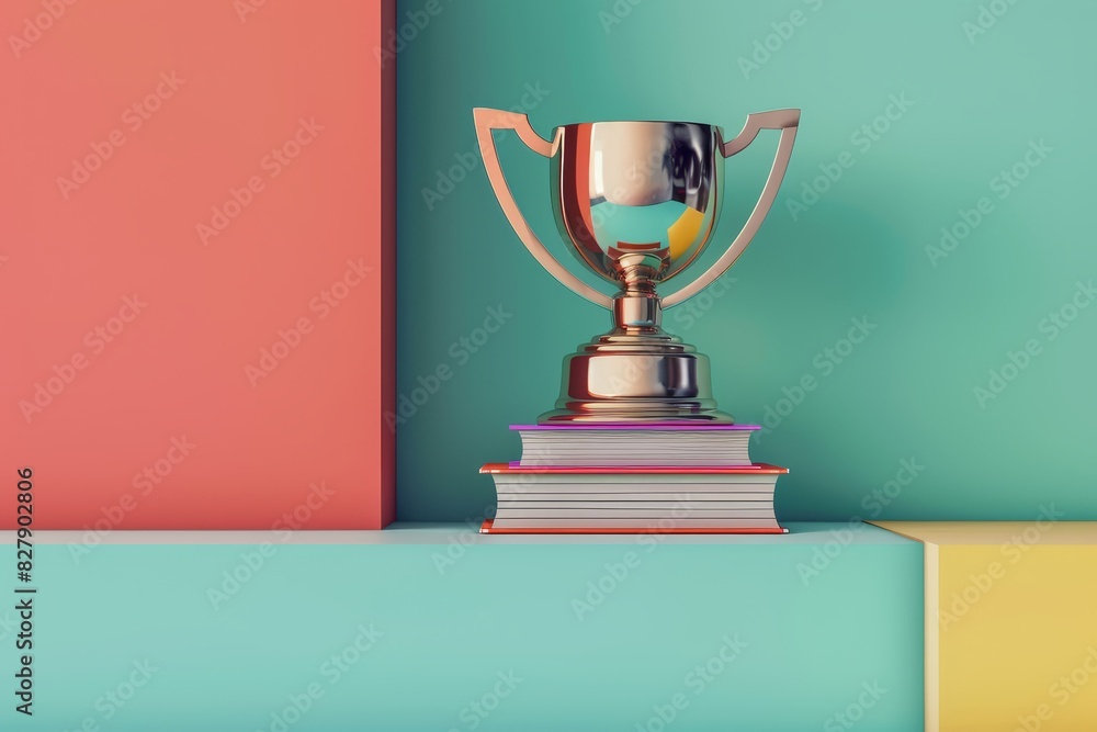 Flat design illustration of a trophy beside a book, top view, 3D render ...